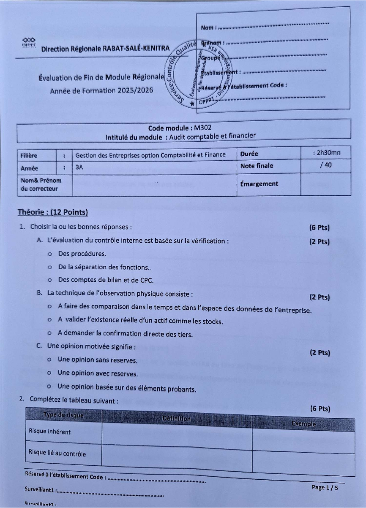 Évaluation de Fin de Module Régionale M302 : Audit Comptable et ...