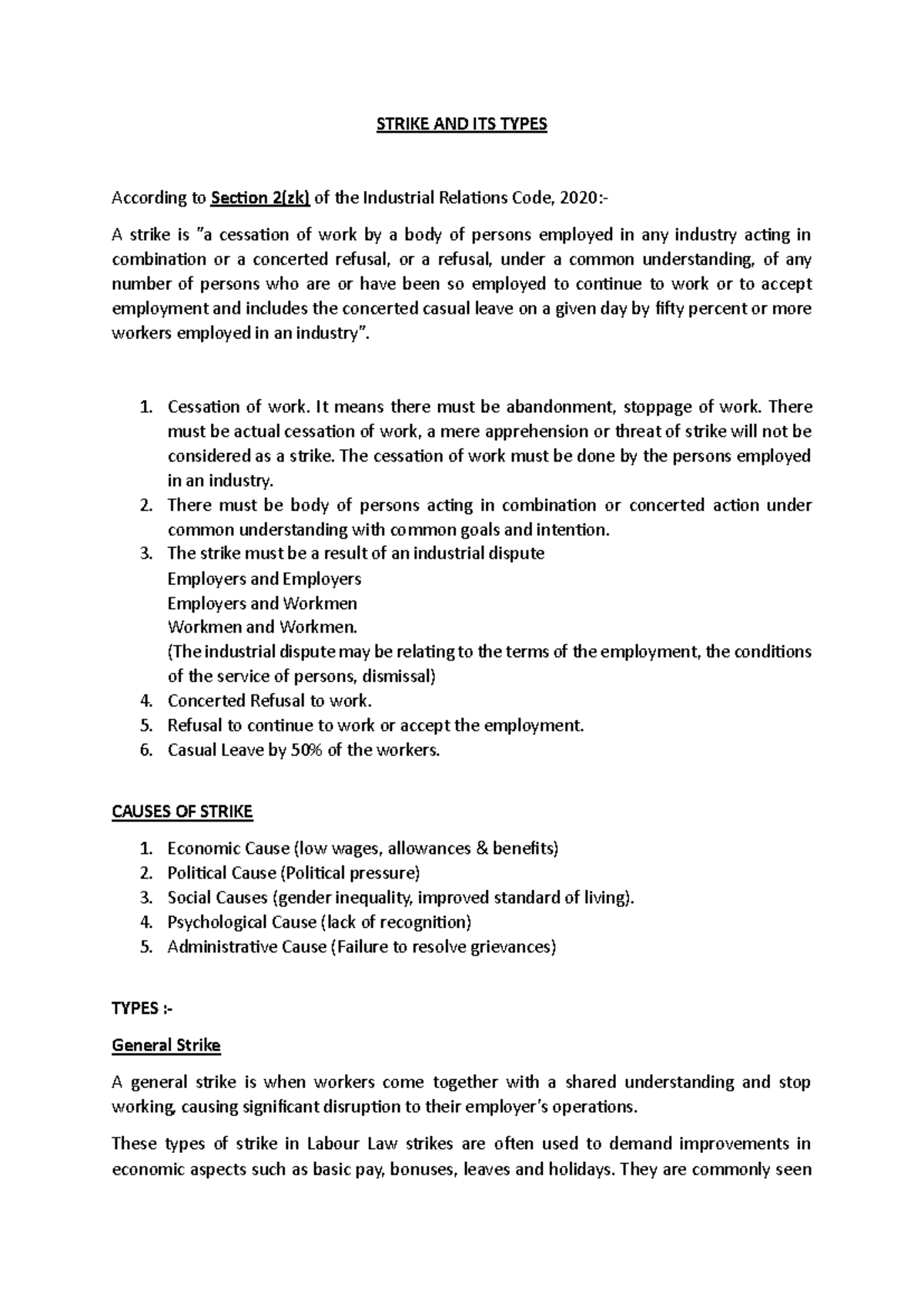 Industrial Relations Code 2020: Types of Strikes Explained - Studocu