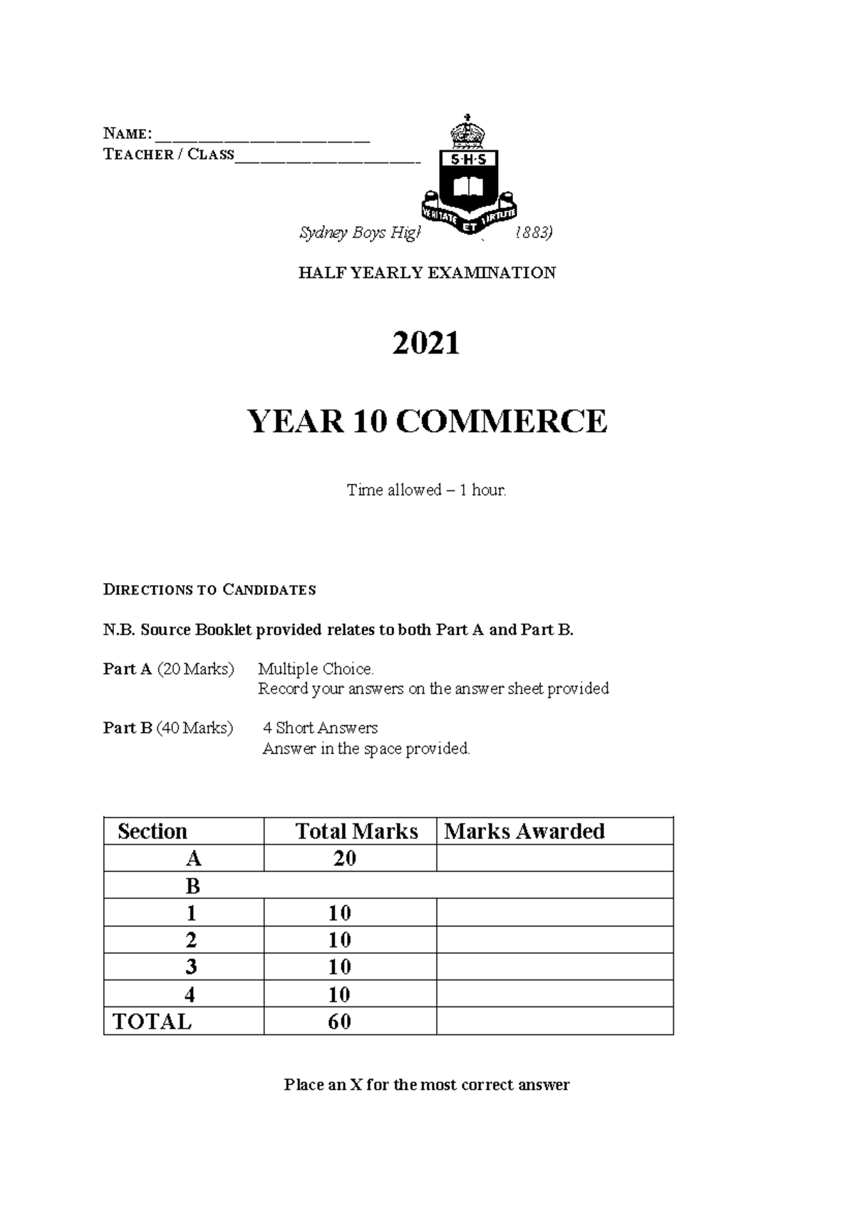 HY 21 Year 10 Commerce Half Yearly Exam Paper - Studocu
