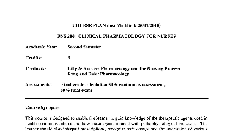 BNS 200: Clinical Pharmacology for Nurses Course Plan - Studocu
