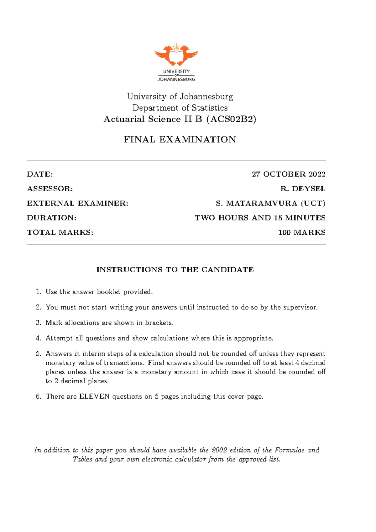 Actuarial Science II (ACS02B2) Final Exam Practice Material - Studocu