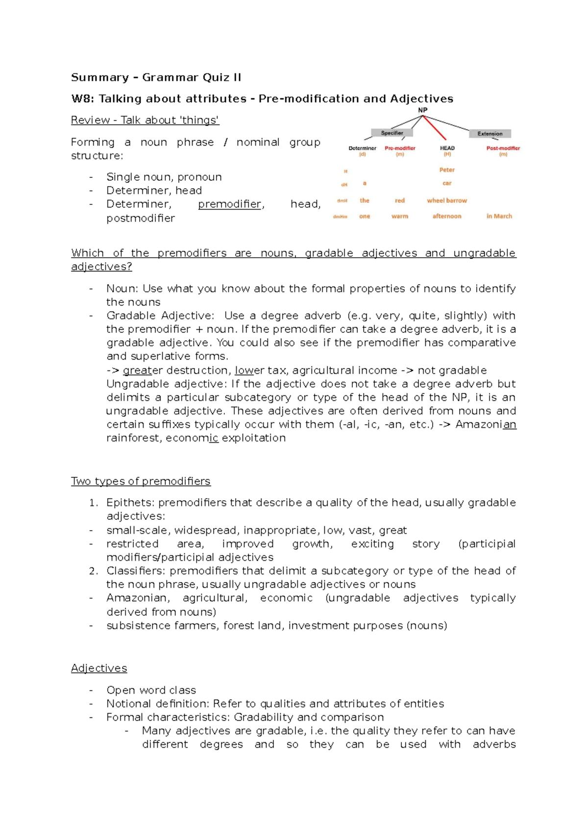 Grammar Quiz II Summary: Attributes and Adjectives Review - Studocu