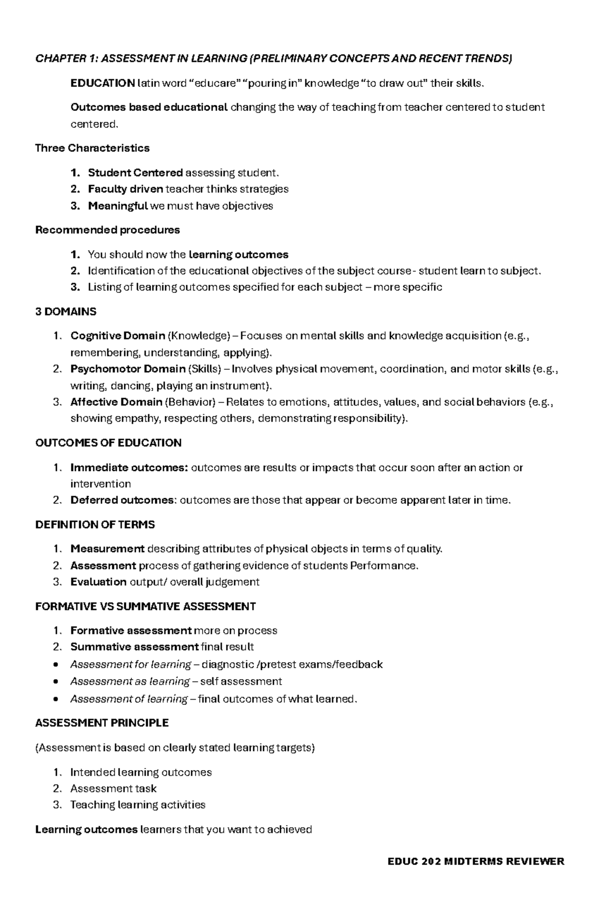 EDUC 202 MIDTERMS REVIEWER: ASSESSMENT IN LEARNING CONCEPTS - Studocu