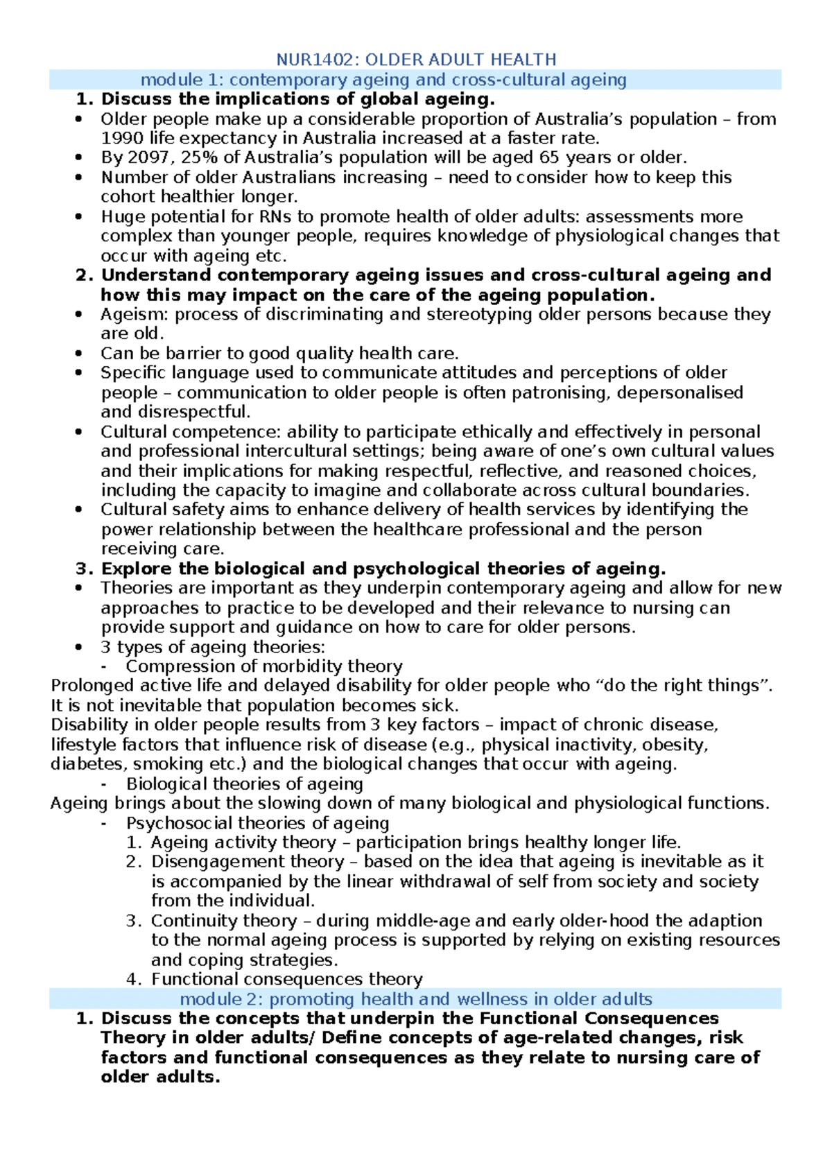 NUR1402: Comprehensive Exam Notes on Older Adult Health Care - Studocu
