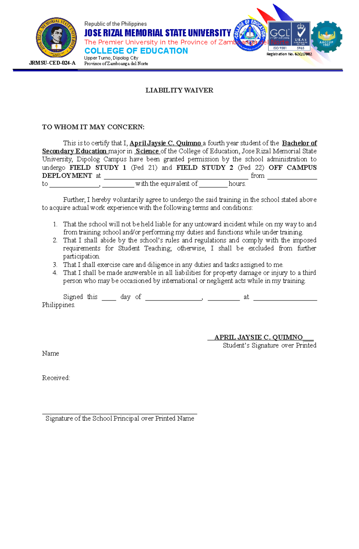 Liability- Waiver NEW - Republic of the Philippines JOSE RIZAL MEMORIAL ...