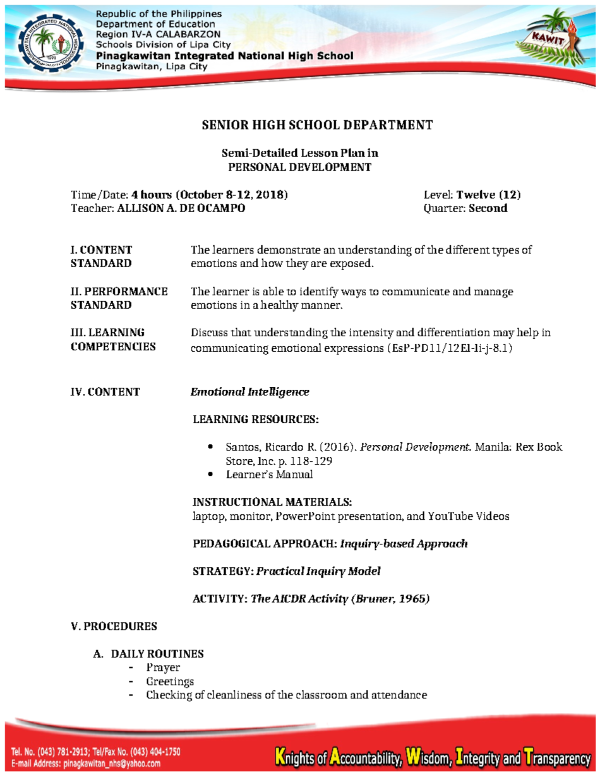 Semi-Detailed Lesson Plan: Personal Development (PD11/12EI) - Studocu