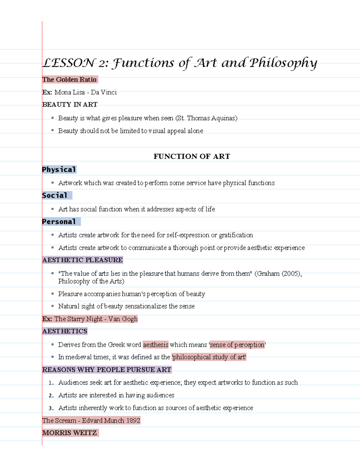 ART 101: Functions of Art and Philosophy Lesson 2 Overview - Studocu
