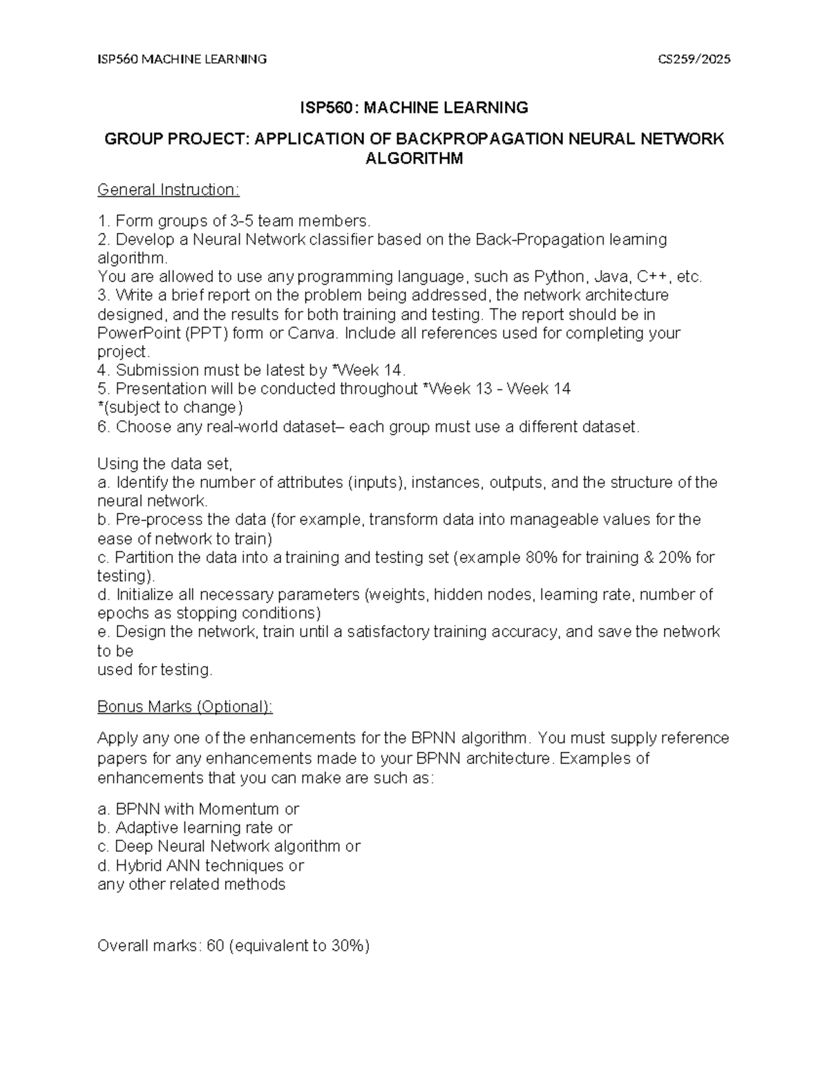 ISP560: Group Project on Backpropagation Neural Network Application ...