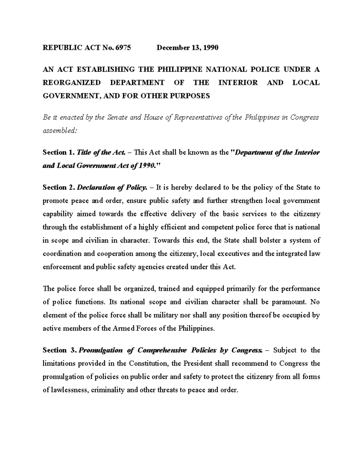 RA No. 6975: Establishing the Philippine National Police - Reviewer ...