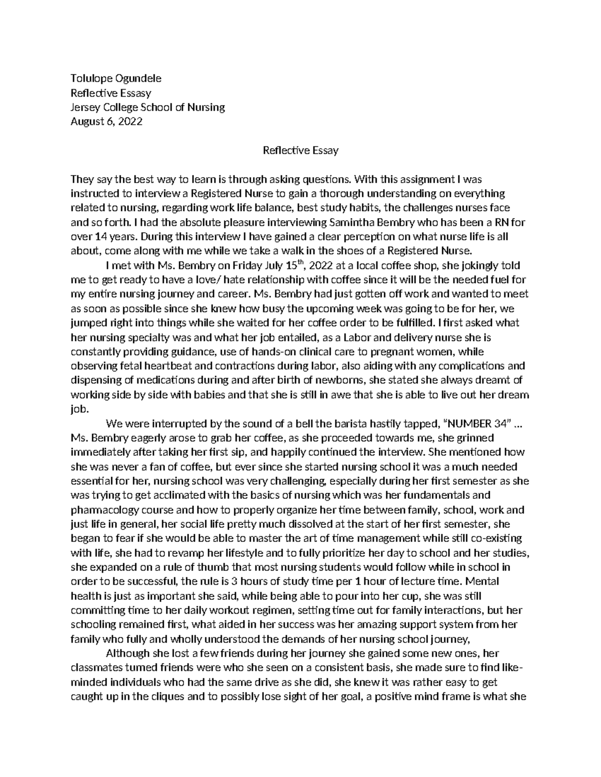 Reflective Essay on Nursing Journey: Insights from RN Samintha Bembry ...