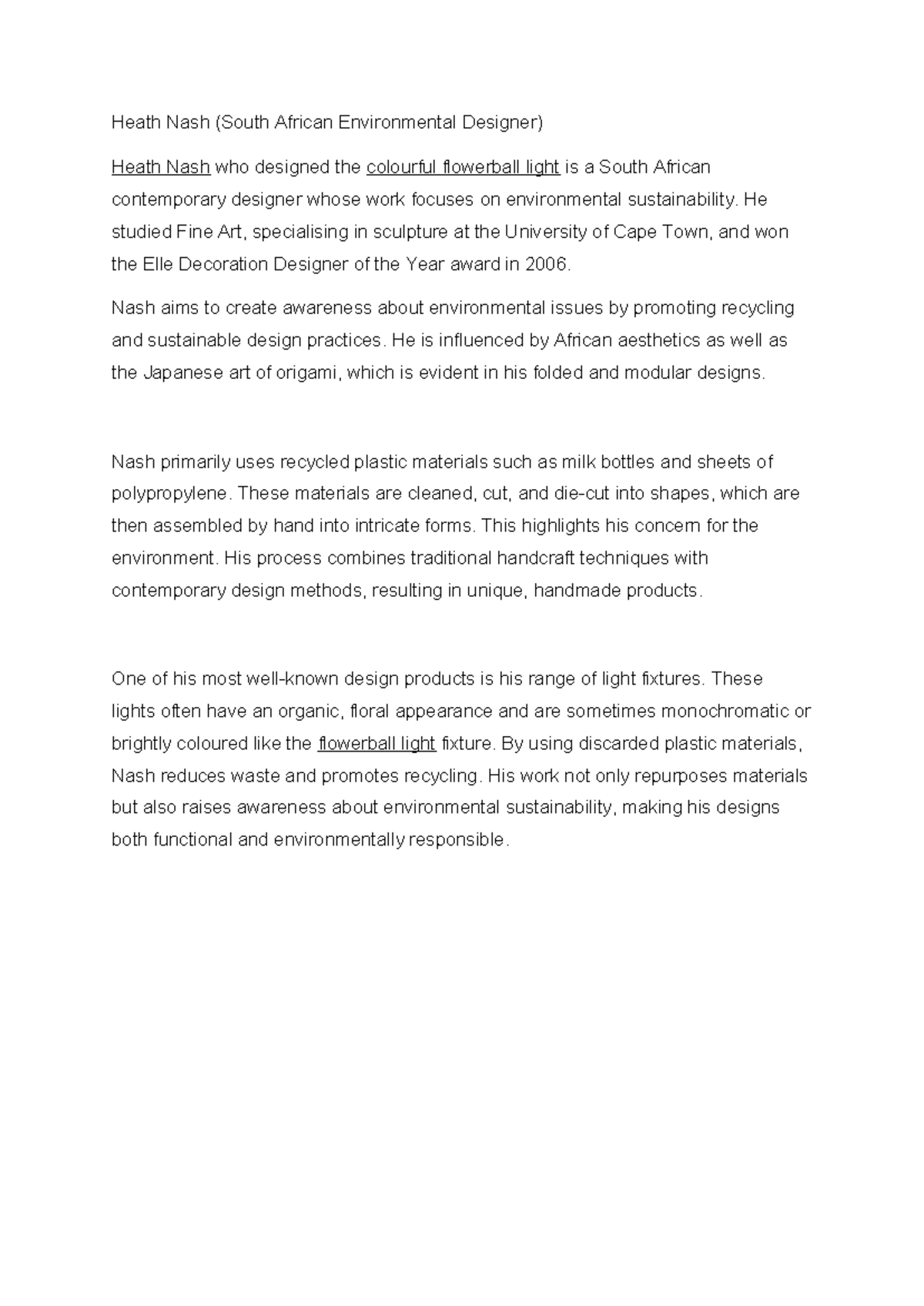 Heath Nash: South African Designer & Environmental Sustainability - Studocu
