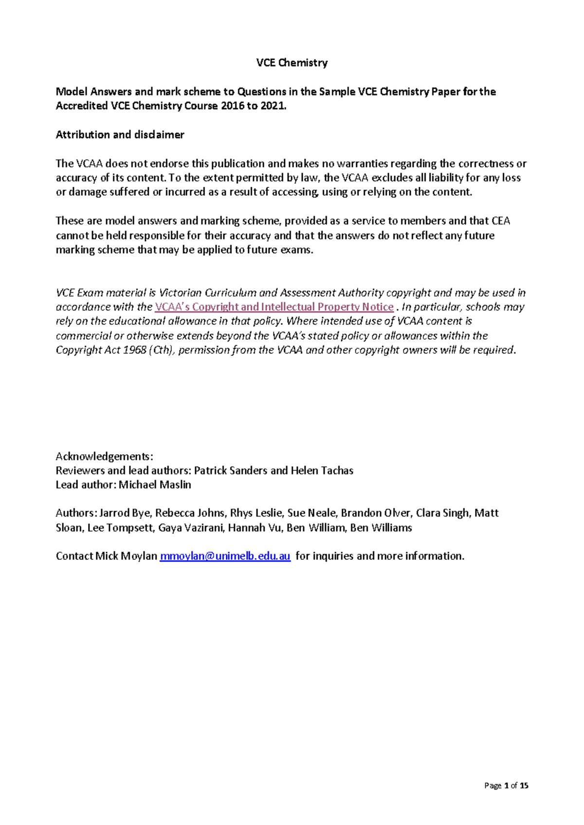 VCE Chemistry Sample Exam Solutions 2017 (Marking Scheme) - Studocu