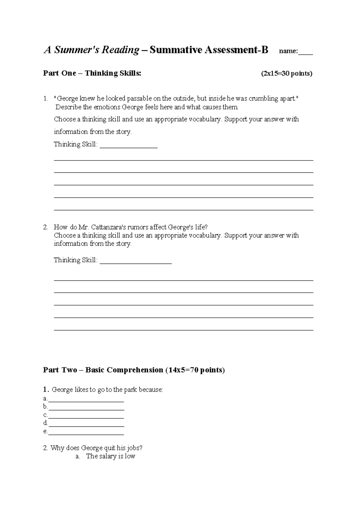 A Summer's Reading - Summative Assessment B - 2019 Review - Studocu