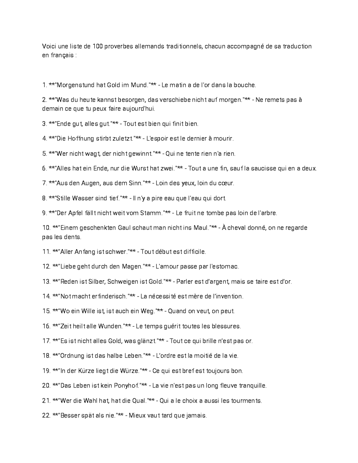 Proverbes allemands: Liste de 100 expressions traditionnelles - Studocu