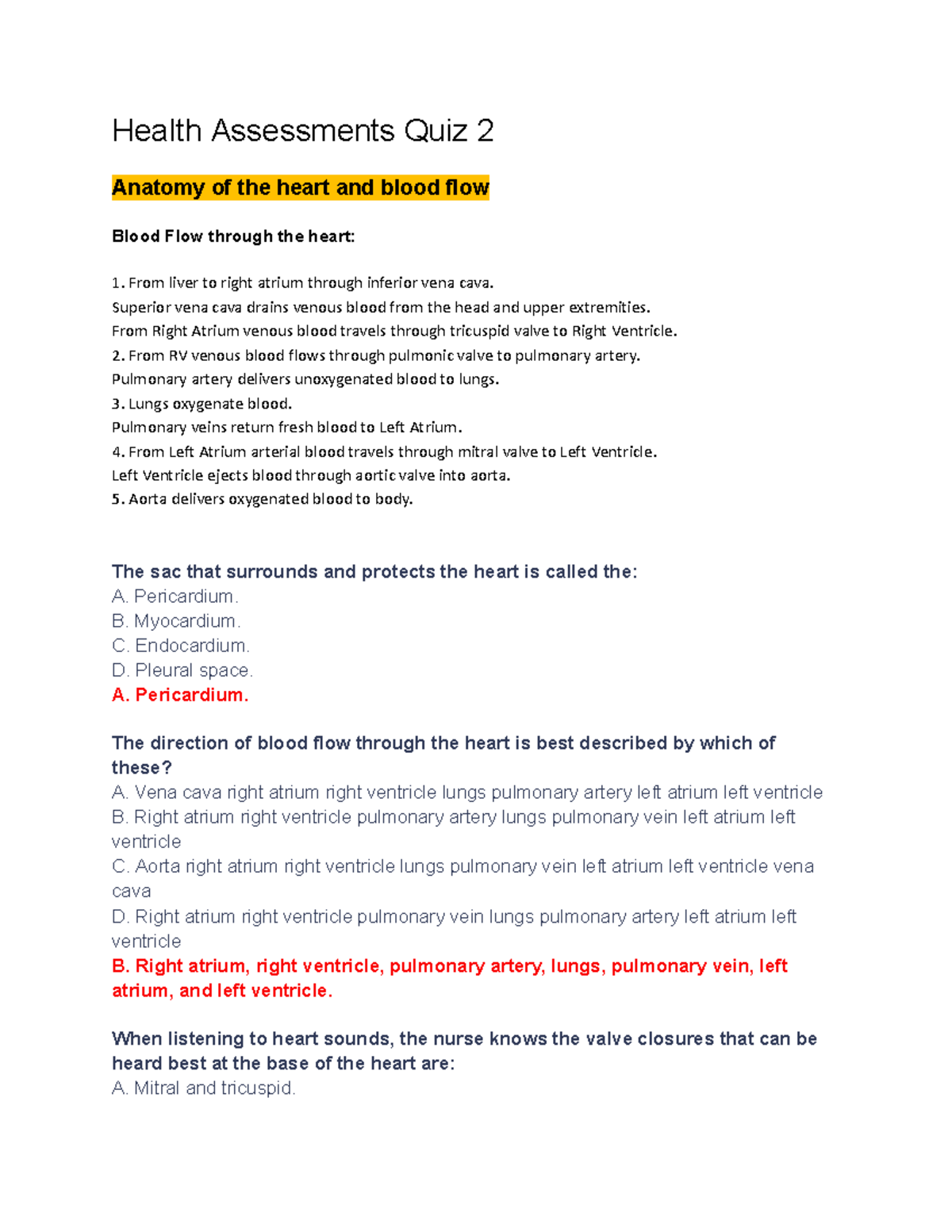 Health Assessments Quiz 2: Anatomy of the Heart and Blood Flow - Studocu