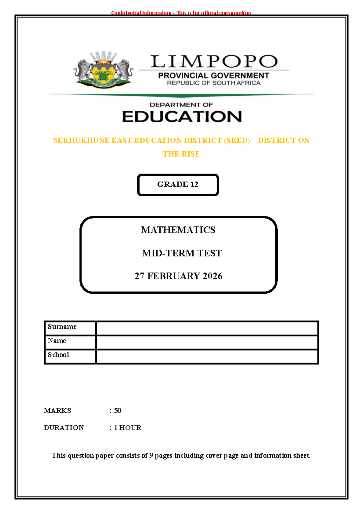 MATH Grade 12 Midterm Test - SEED District - 27 Feb 2026 - Studocu