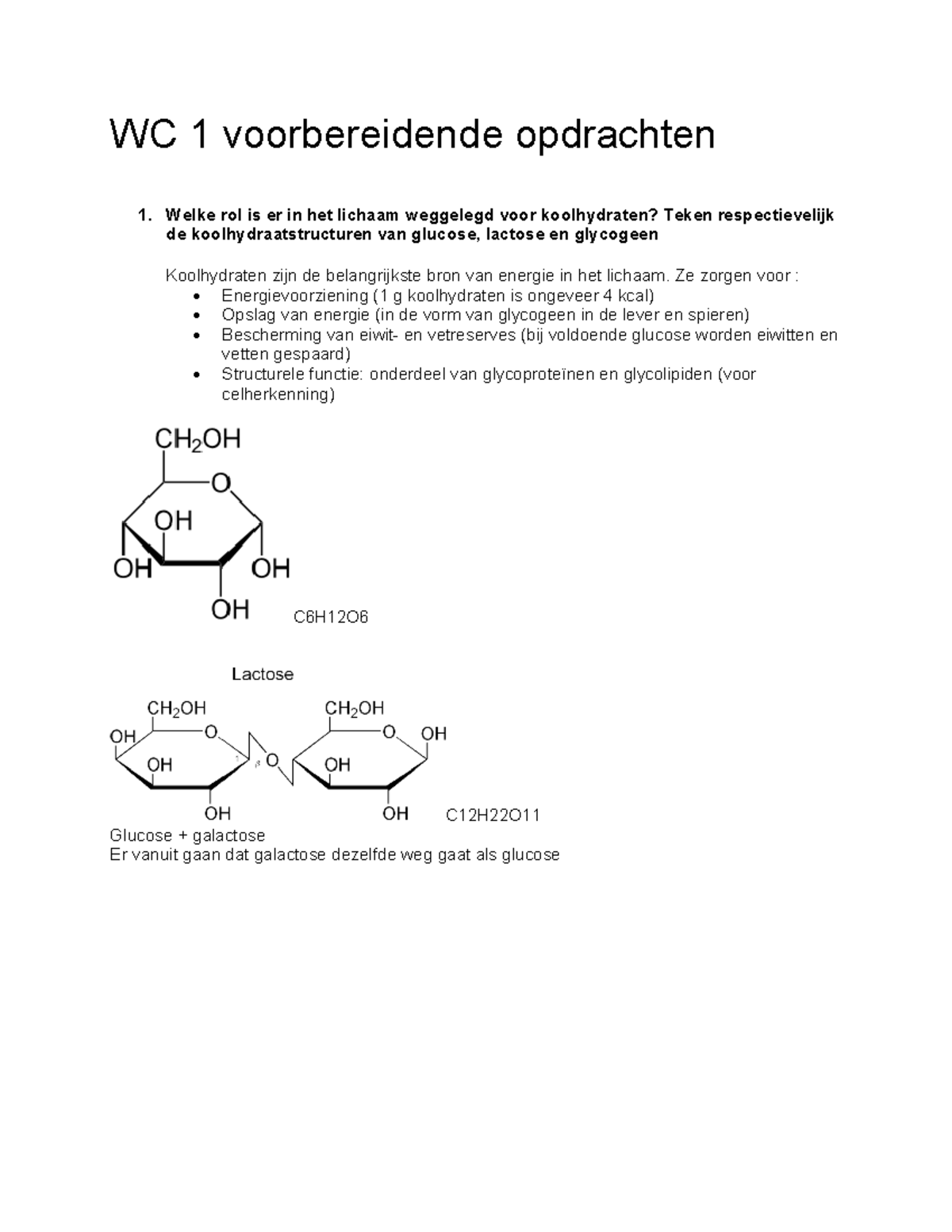 WC 1: Koolhydraten en hun rol in het lichaam - Voorbereidende ...