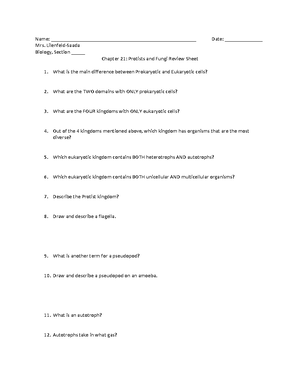Biology Review Sheet: Chapter 21 - Protists and Fungi - Studocu