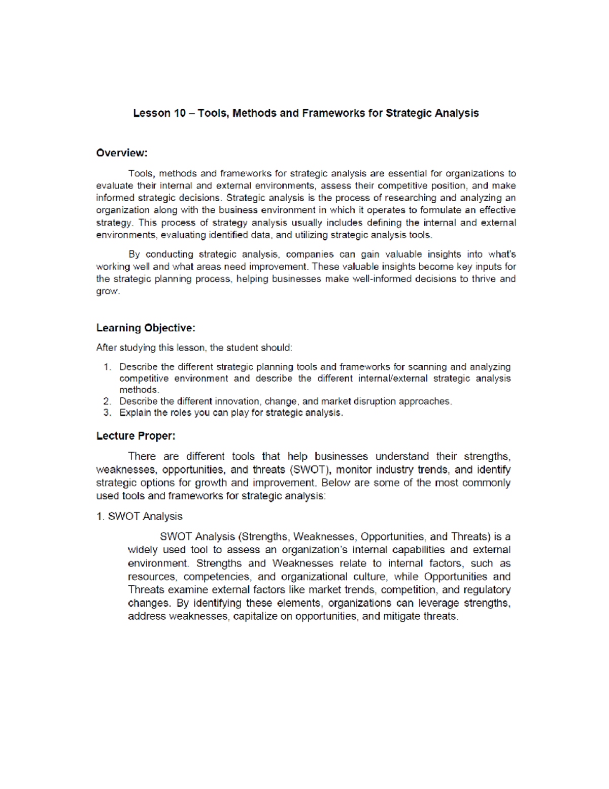 Lesson 10: Tools, Methods & Frameworks for Strategic Analysis - Studocu