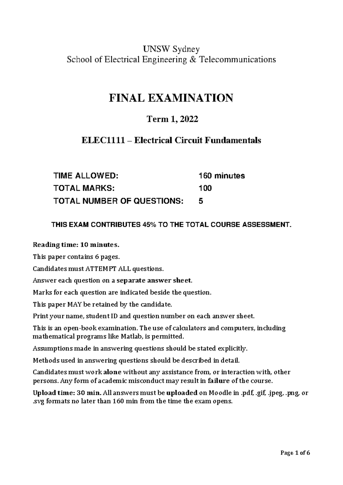 ELEC1111 Final Exam 2022 T1: Electrical Circuit Fundamentals - Studocu