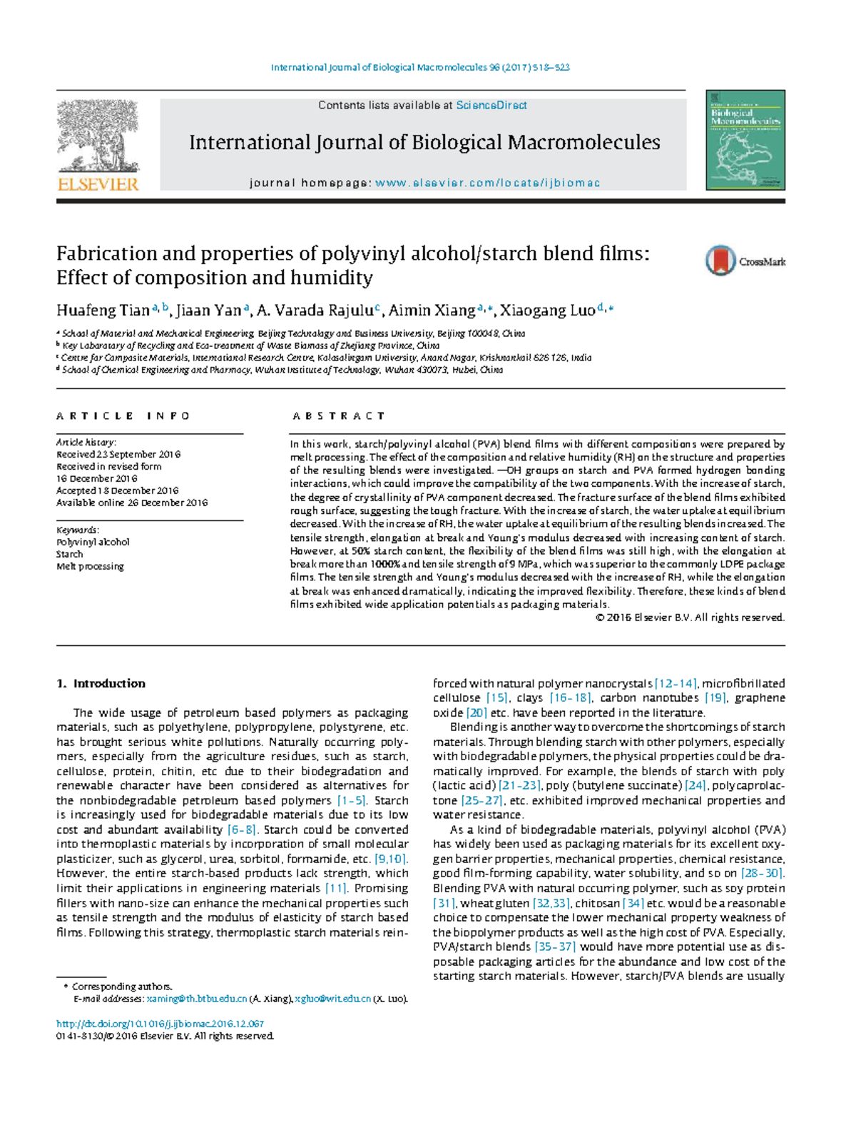 Fabrication and Properties of PVA-Starch Blend Films: Impact of ...