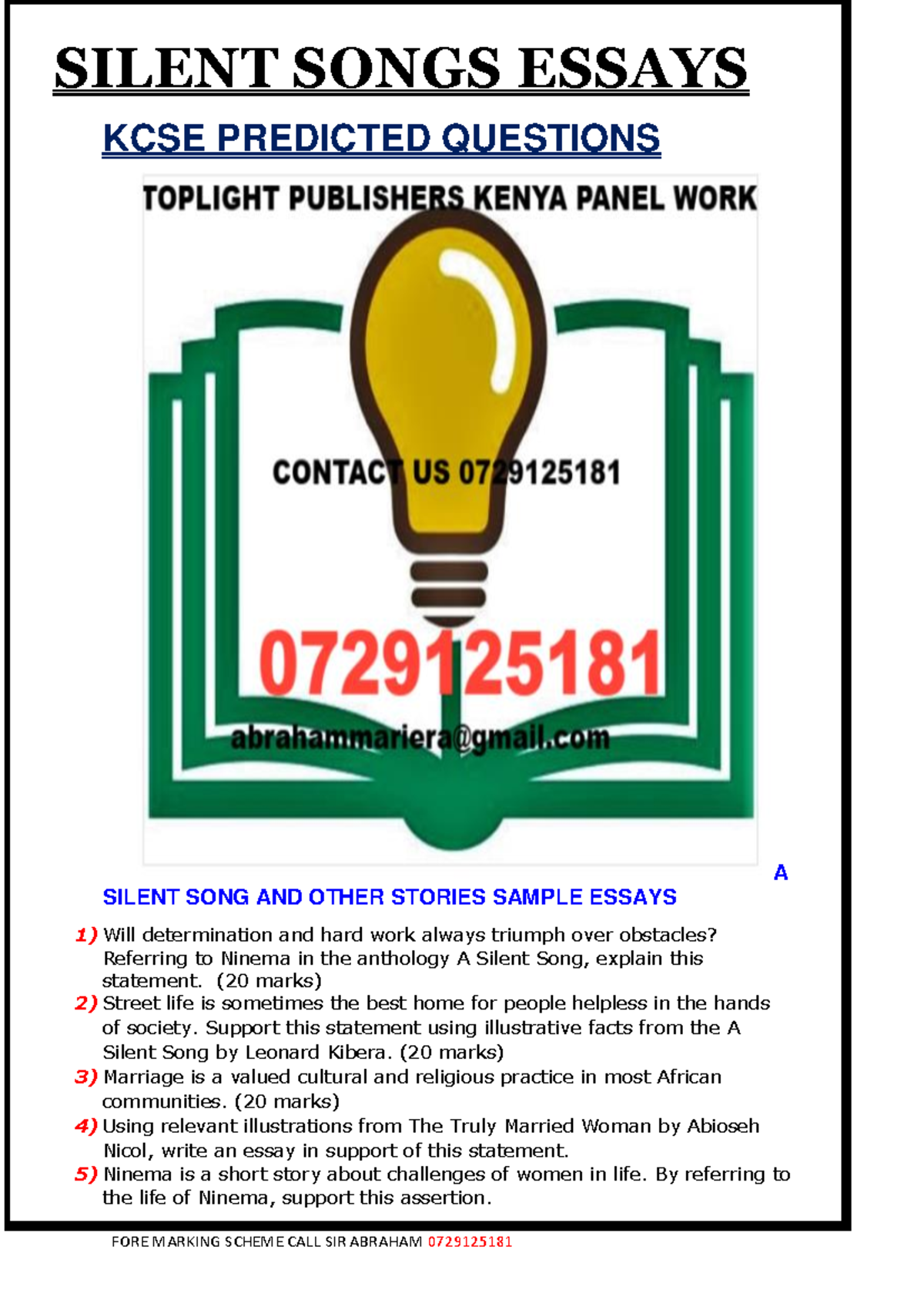 KCSE Silent Songs Essays: Predicted Questions and Answers - Studocu