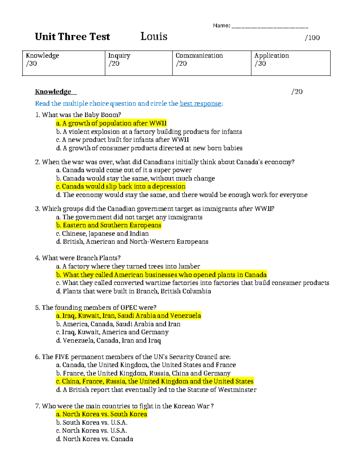 CHC2D - Unit 3 Test: Knowledge Inquiry on Post-WWII Canada - Studocu