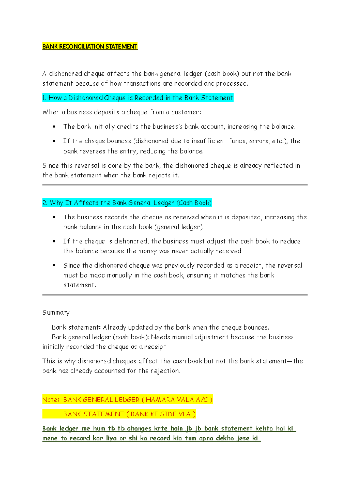 BANK Reconciliation Statement: Impact of Dishonored Cheques - Studocu