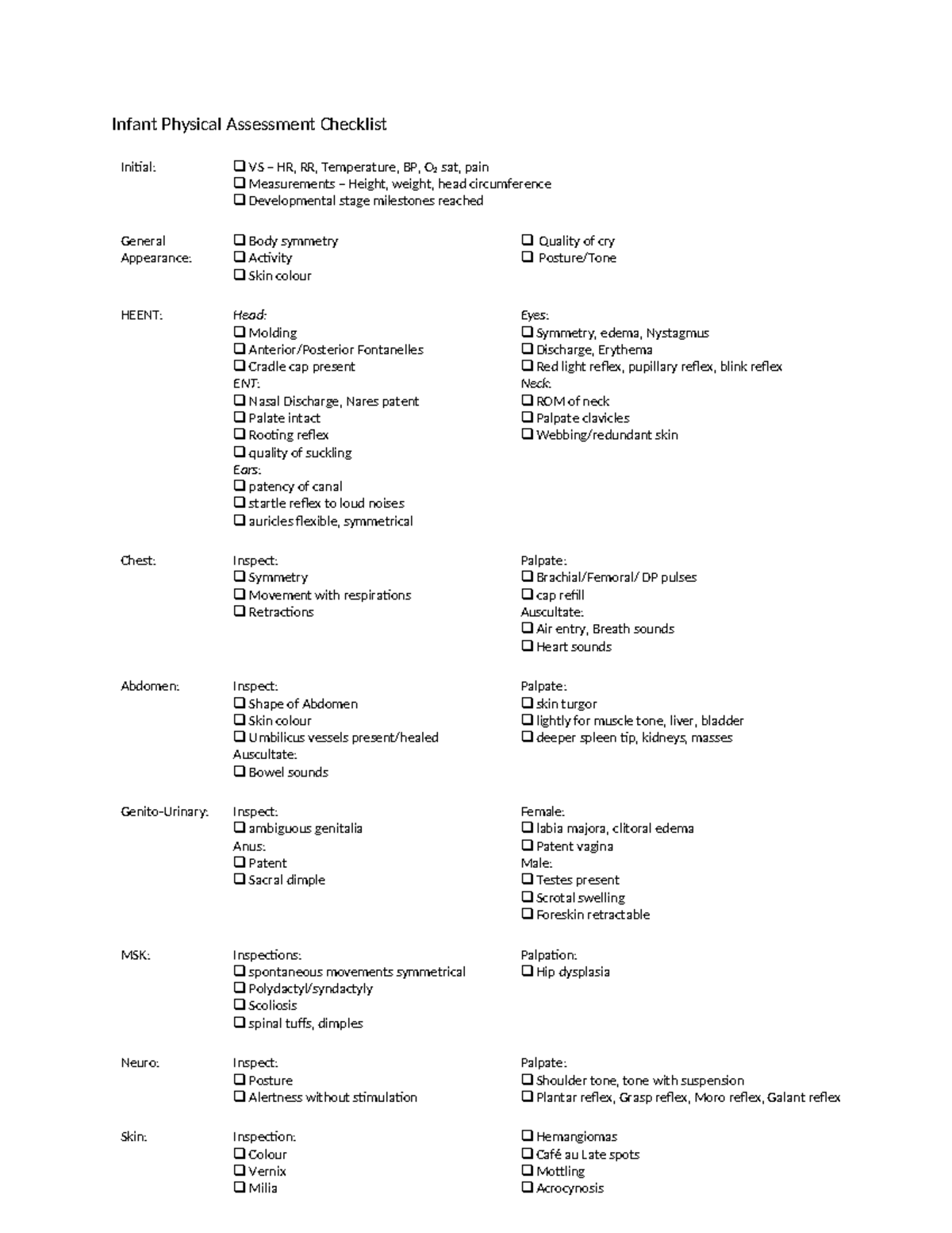 Infant Physical Assessment Checklist - Infant Physical Assessment ...