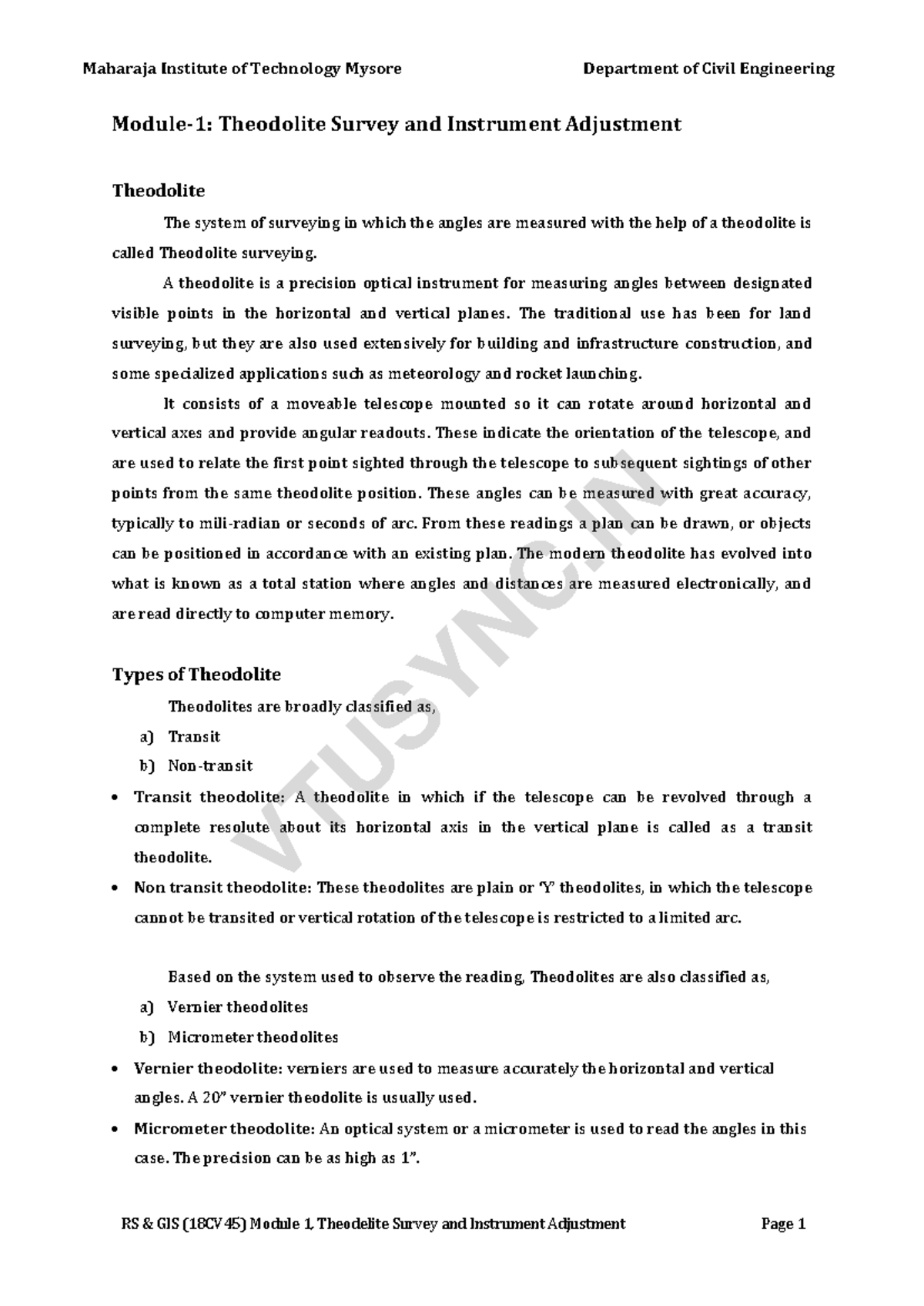 RS GIS (18CV45) Module 1: Theodolite Survey & Instrument Adjustment ...