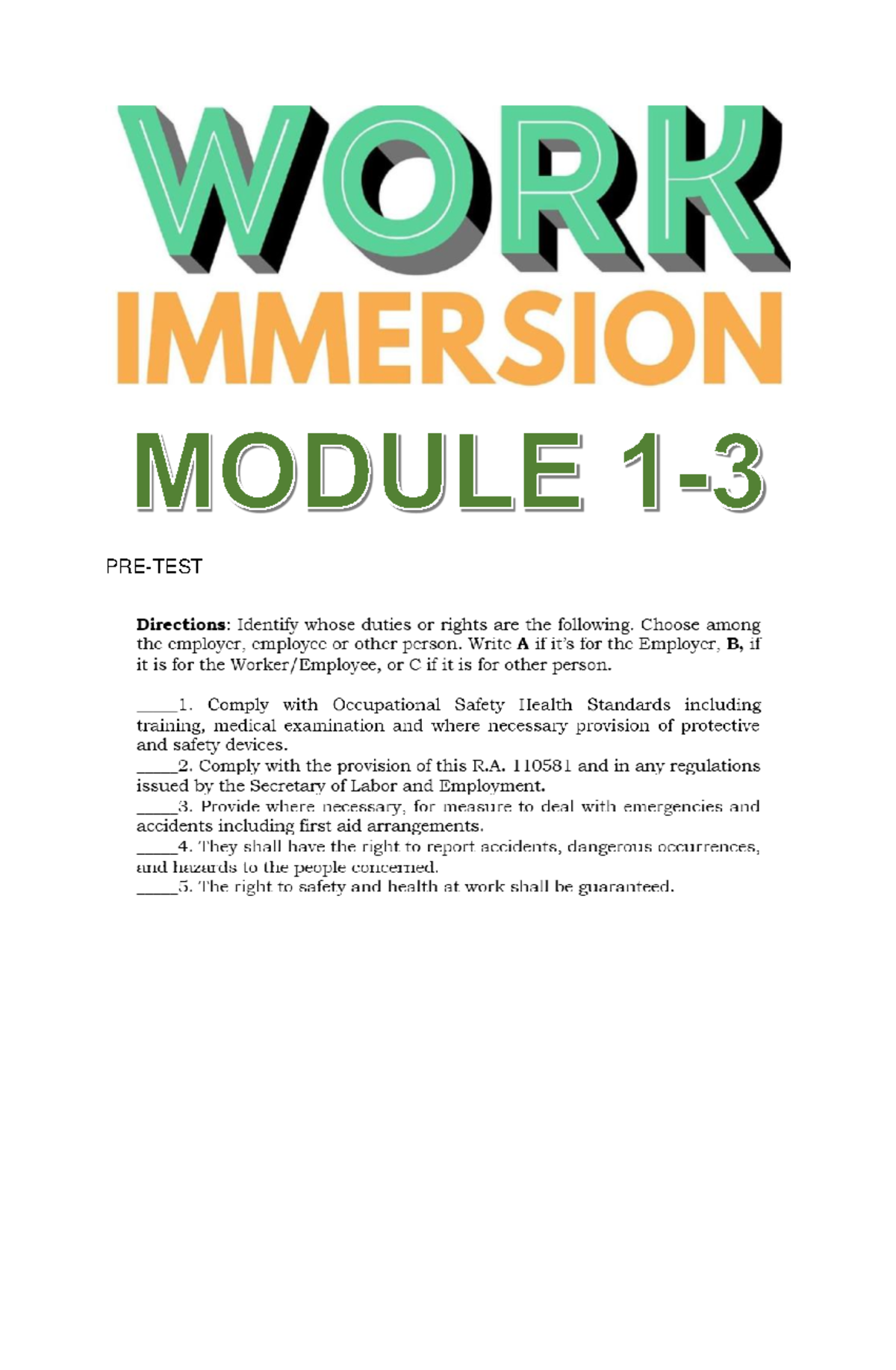 WORK Immersion Modules 1-3: Roles, Responsibilities, and Evaluation ...