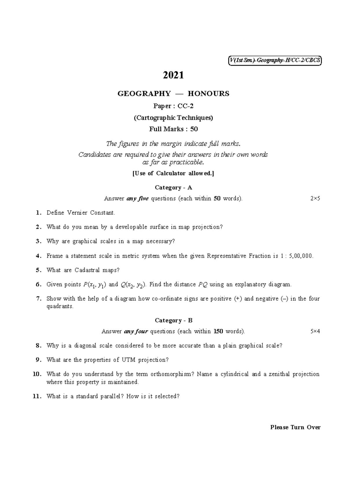 (1) GEOGRAPHY HONOURS (Sem1 CC2) Cartographic Techniques Exam Paper ...