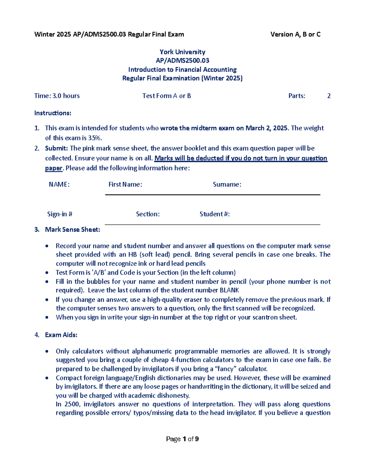 ADMS 2500 Final Exam Instructions for Test Forms A, B, and C - Studocu