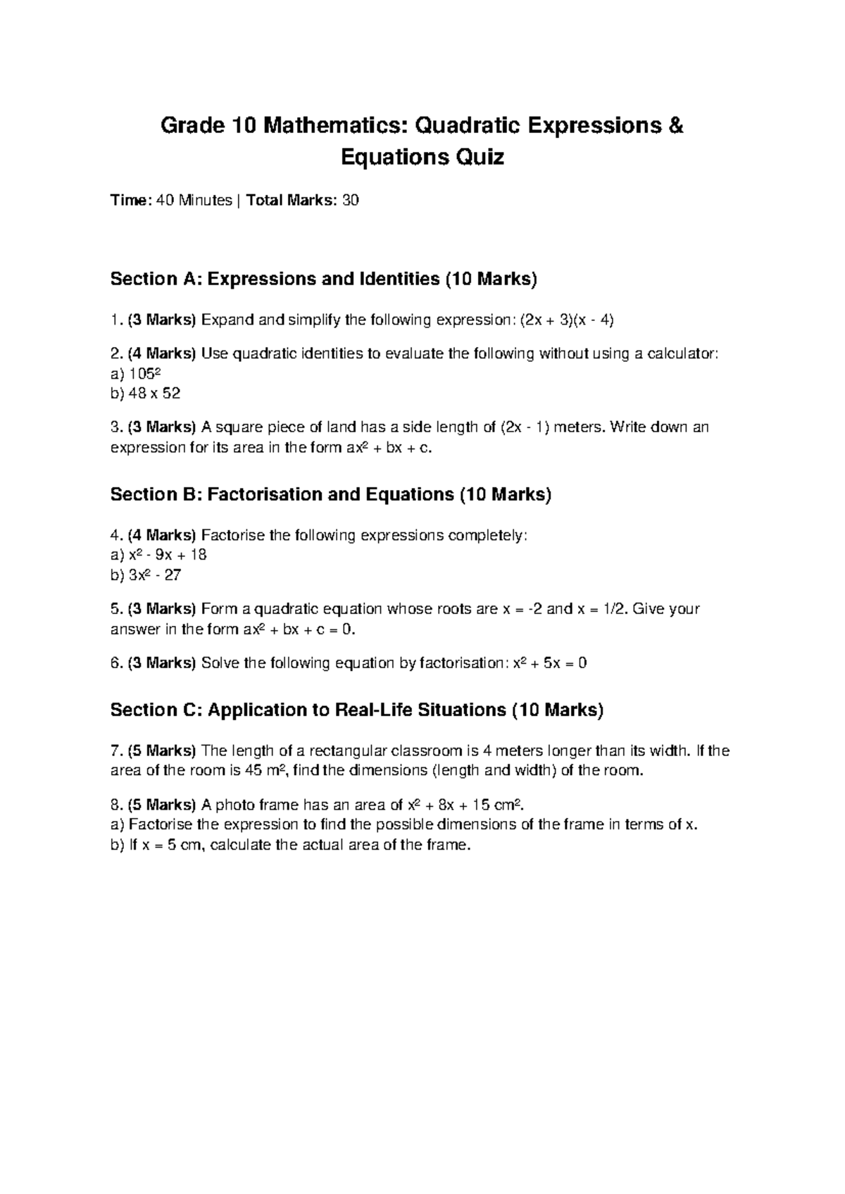 Grade 10 Math: Quadratic Expressions & Equations Quiz - Studocu