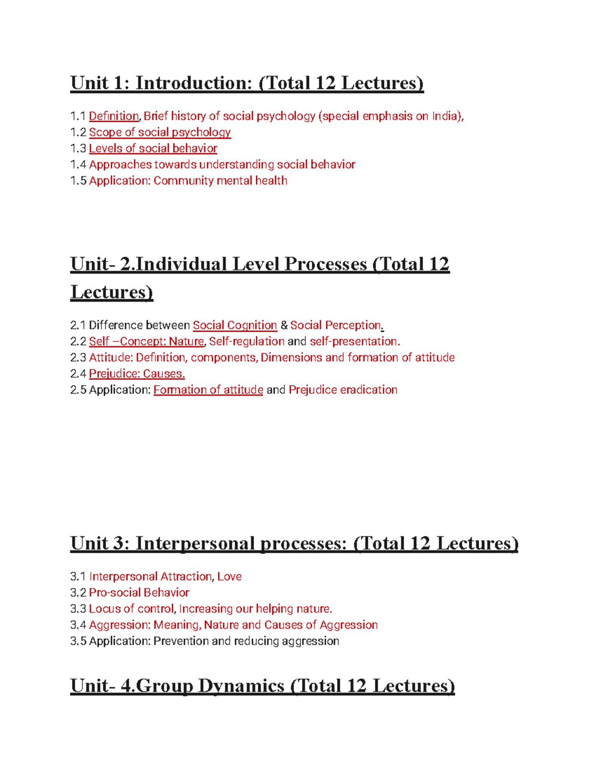 Unit 1: Foundations of Social Psychology (12 Lectures) - Studocu