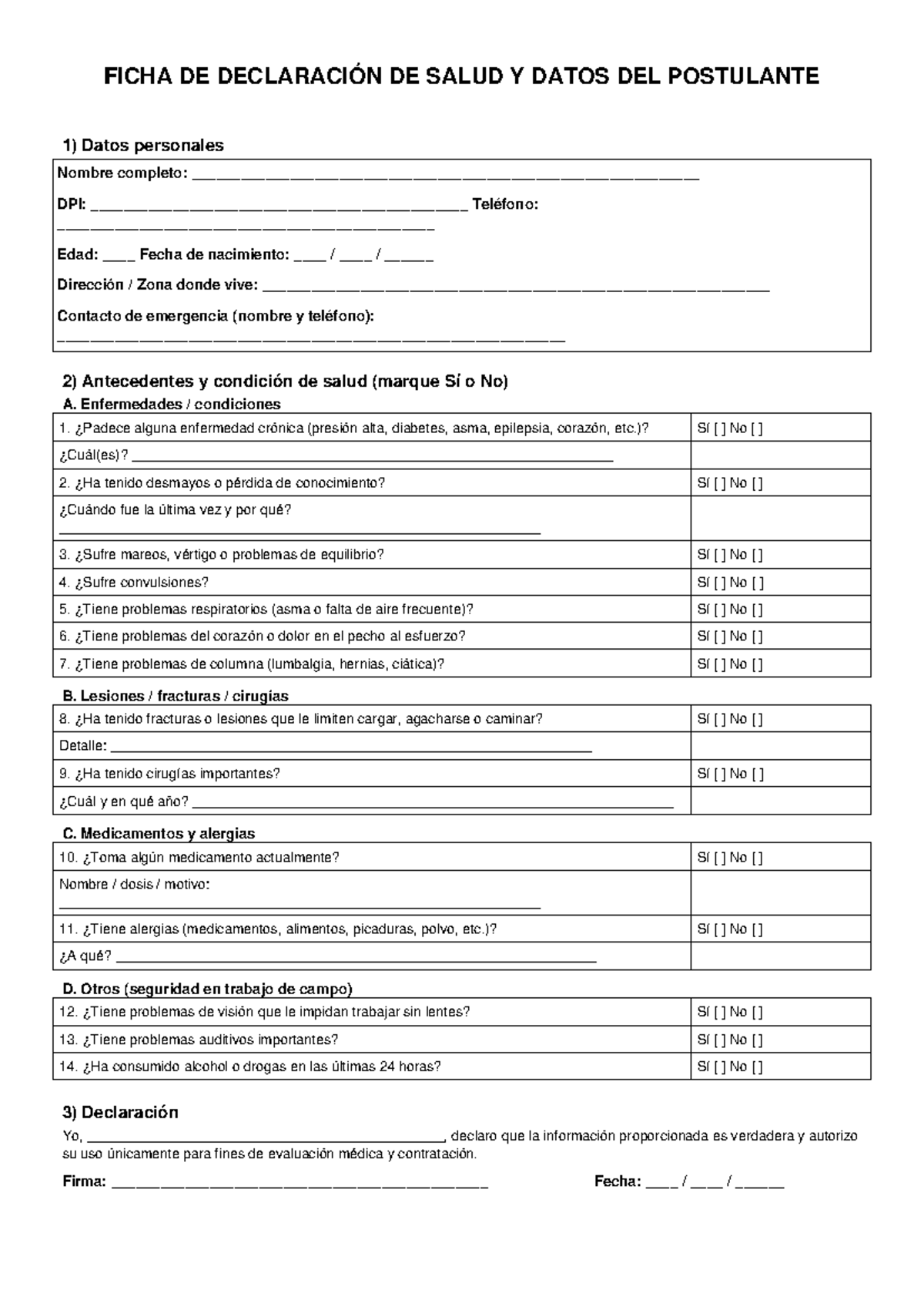 Formulario de Declaración de Salud del Postulante - Studocu