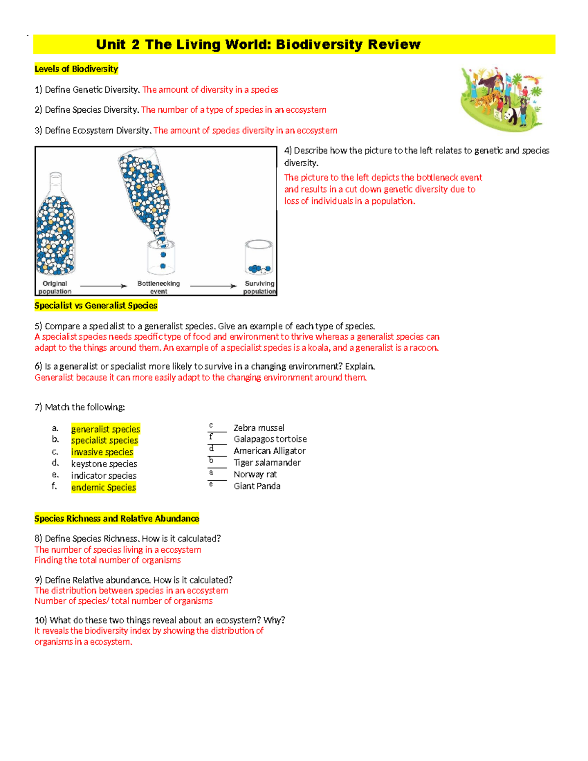 APES - Unit 2 Biodiversity Review: Understanding Ecosystems & Species ...