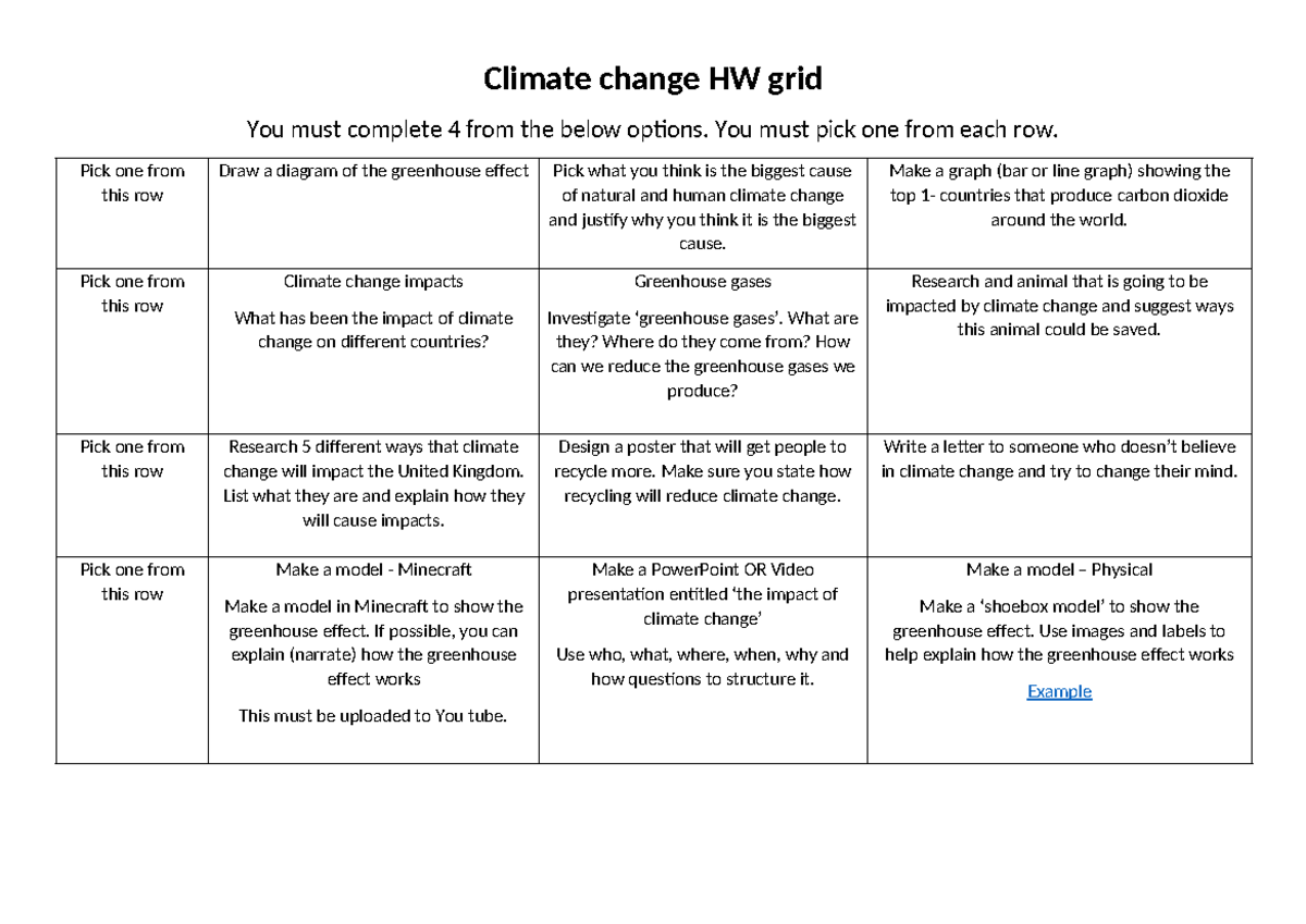 Climate Change HW Grid: Activities & Research Options - Studocu