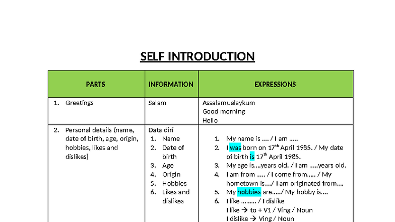 SELF INTRODUCTION: PERSONAL DETAILS & EXPRESSIONS - Studocu