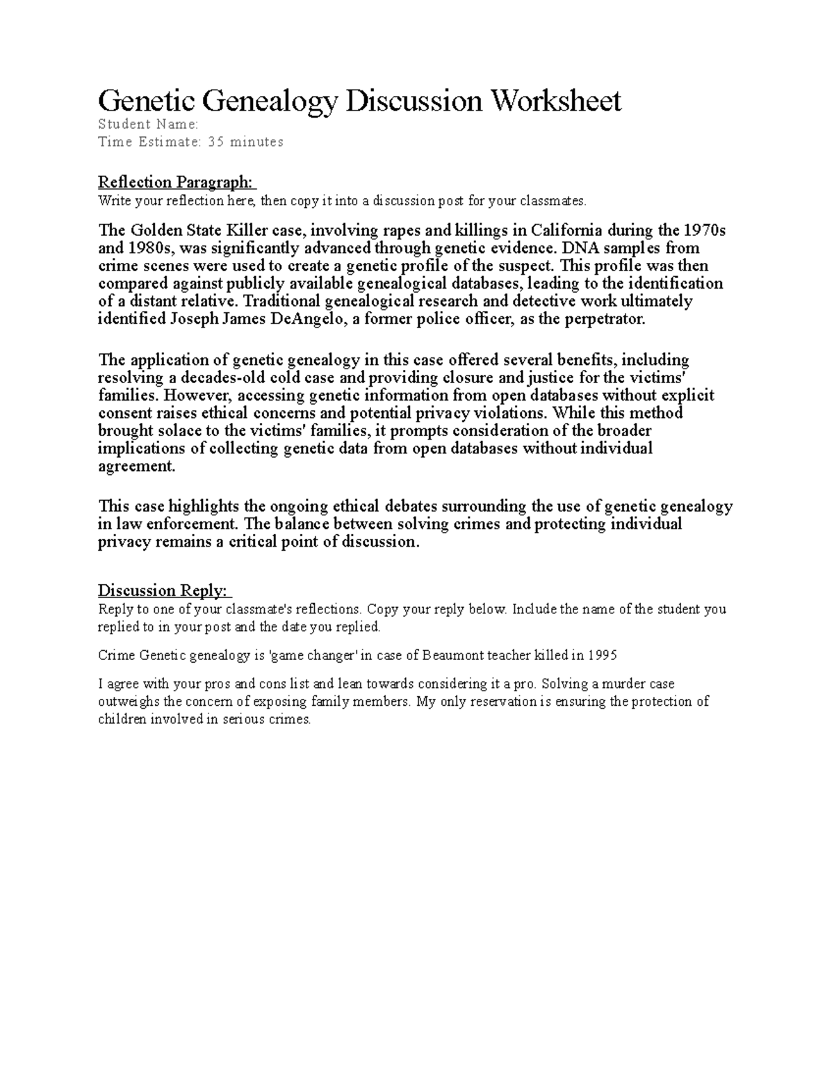 Genetic Genealogy Discussion Worksheet (Genetics 101) - Studocu