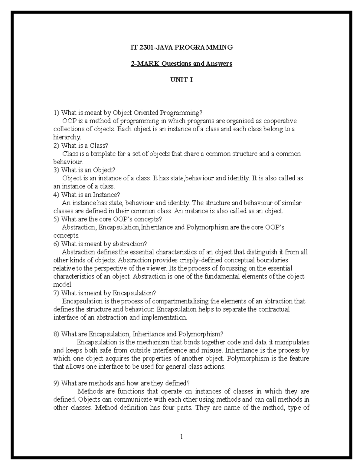 Java 2marks questions with answer - IT 2301-JAVA PROGRAMMING 2-MARK Questions and Answers UNIT I ...