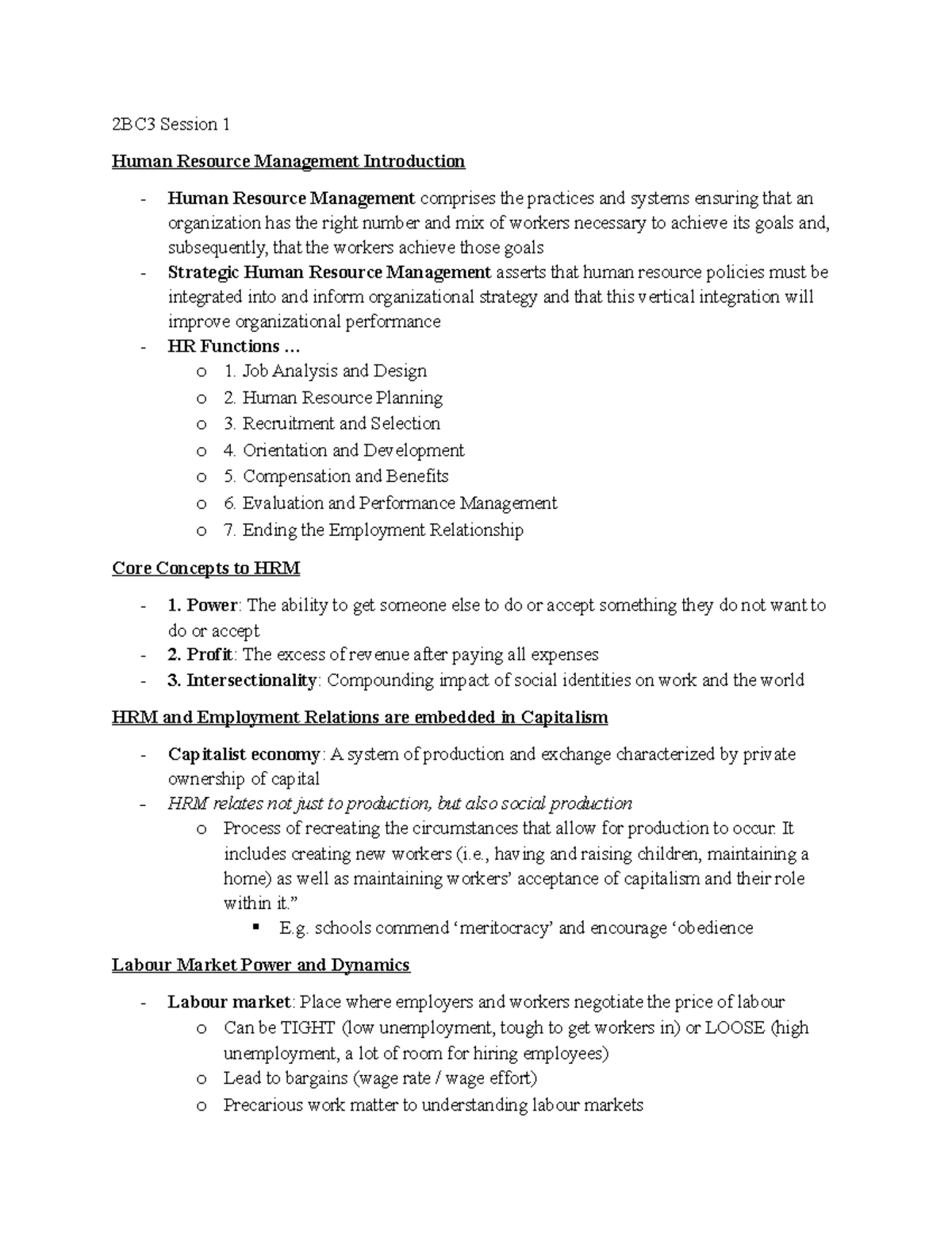 2BC3 Session 1 - Intro to Human Resource Management Notes - Studocu