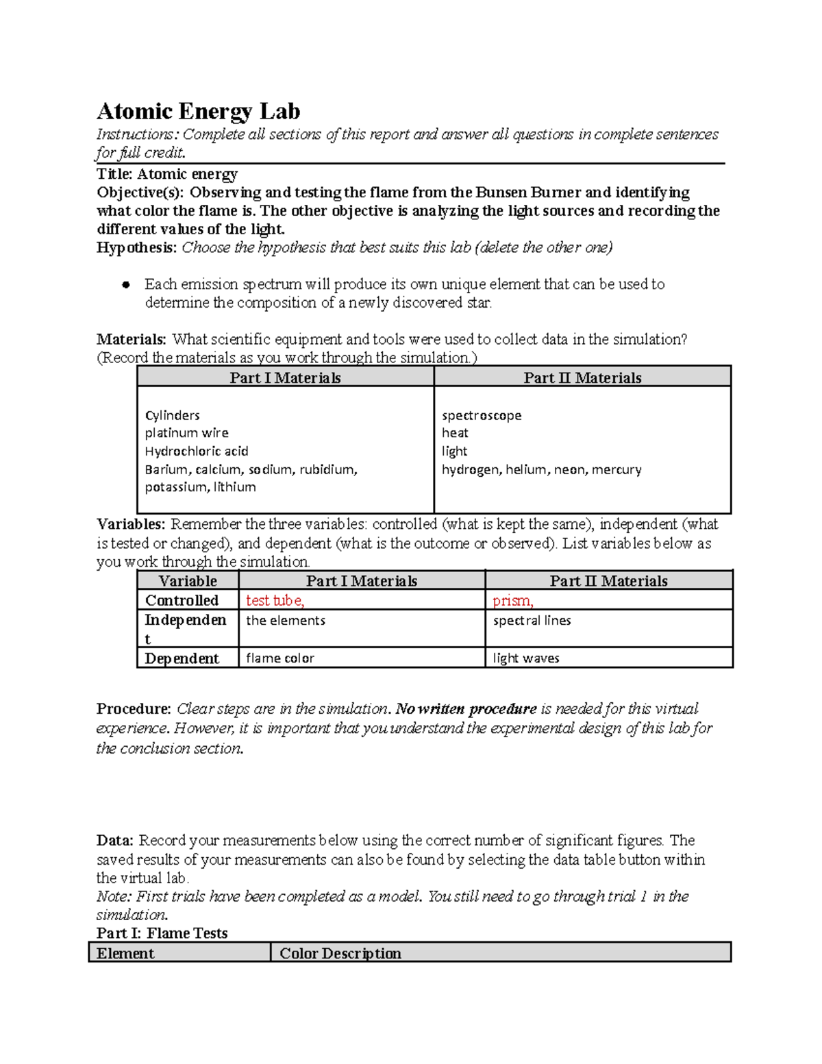 Atomic Energy Lab - Assignment for Understanding Flame Tests and ...