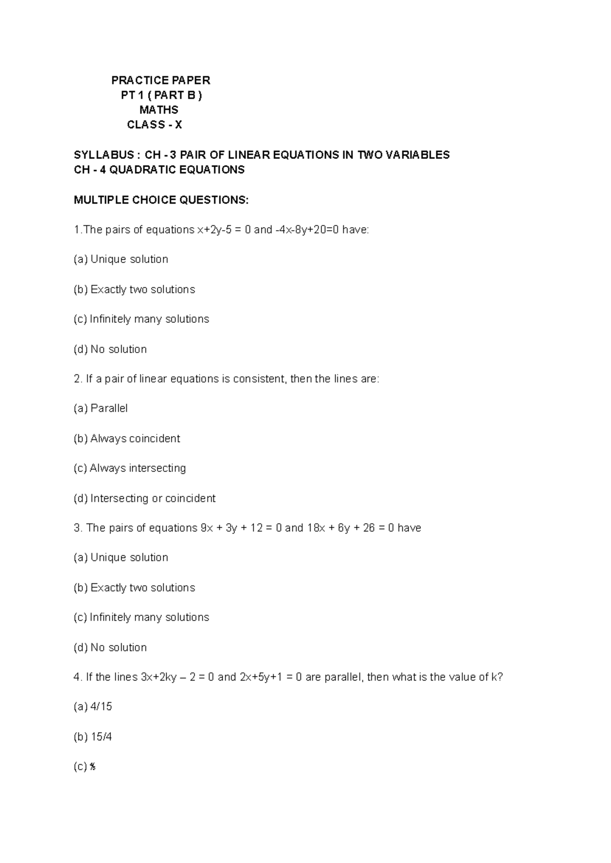PRACTICE PAPER PT 1B MATHS CLASS X: MCQs on Linear & Quadratic ...