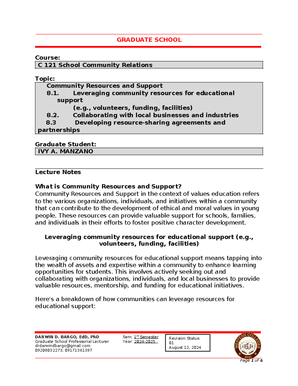 Lecture Notes 6 - FOR EDUC - Revision Status: 01 August 12, 2024 ...