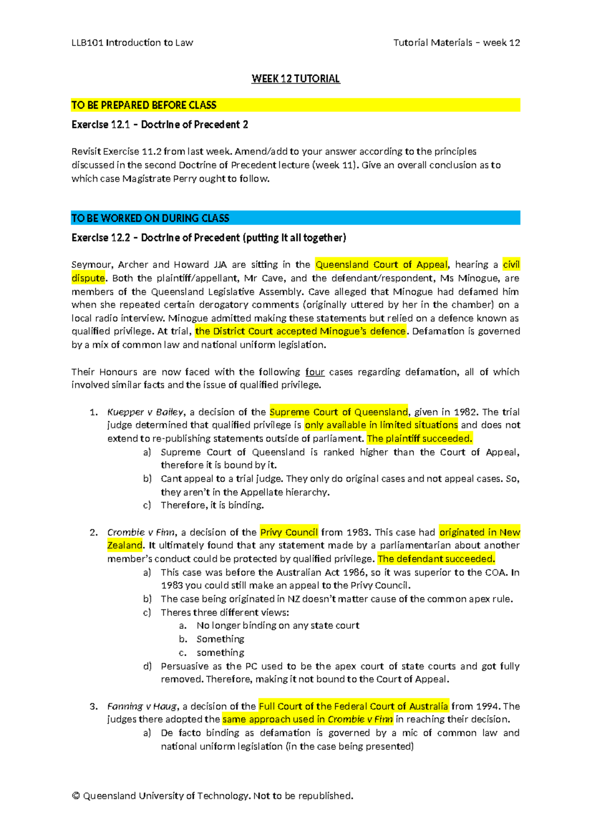 LLB101 Week 12 Tutorial Activities on Doctrine of Precedent - Studocu
