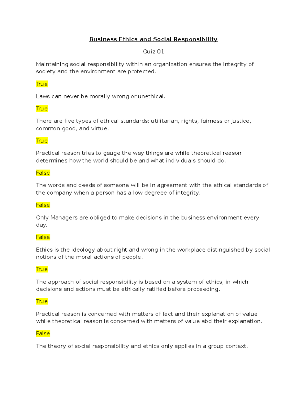 Business Ethics Answer key - Business Ethics and Social Responsibility ...