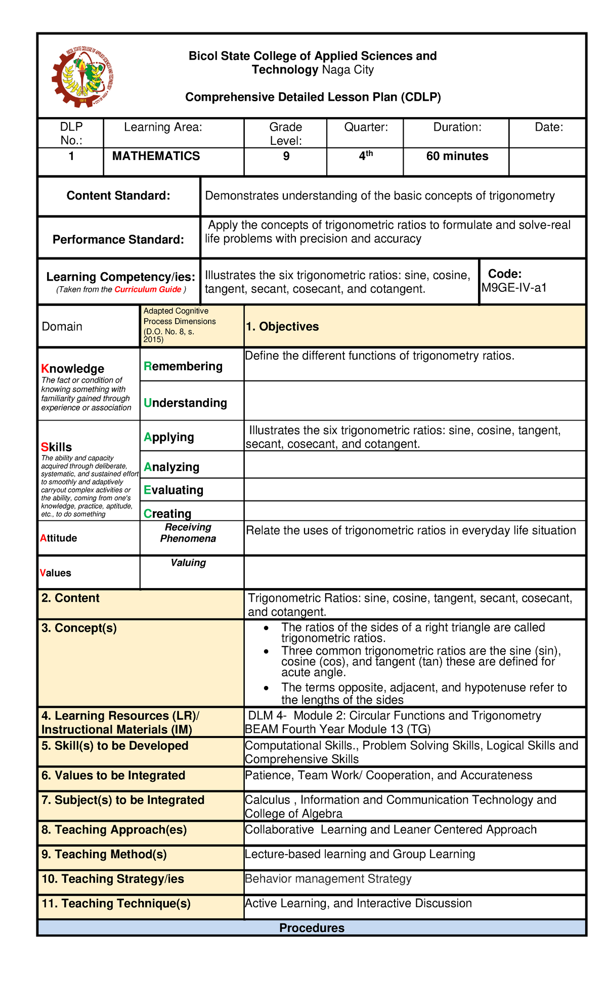 Comprehensive DLP on Trigonometric Functions for Grade 9 Math (DLP No ...