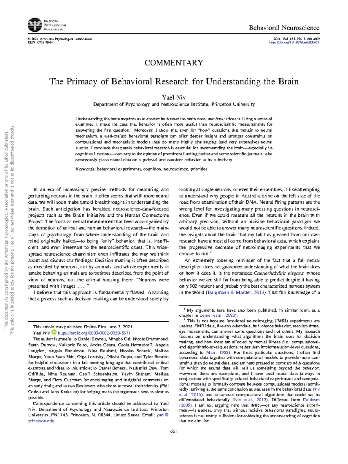 The Primacy of Behavioral Research in Neuroscience: A Critical ...