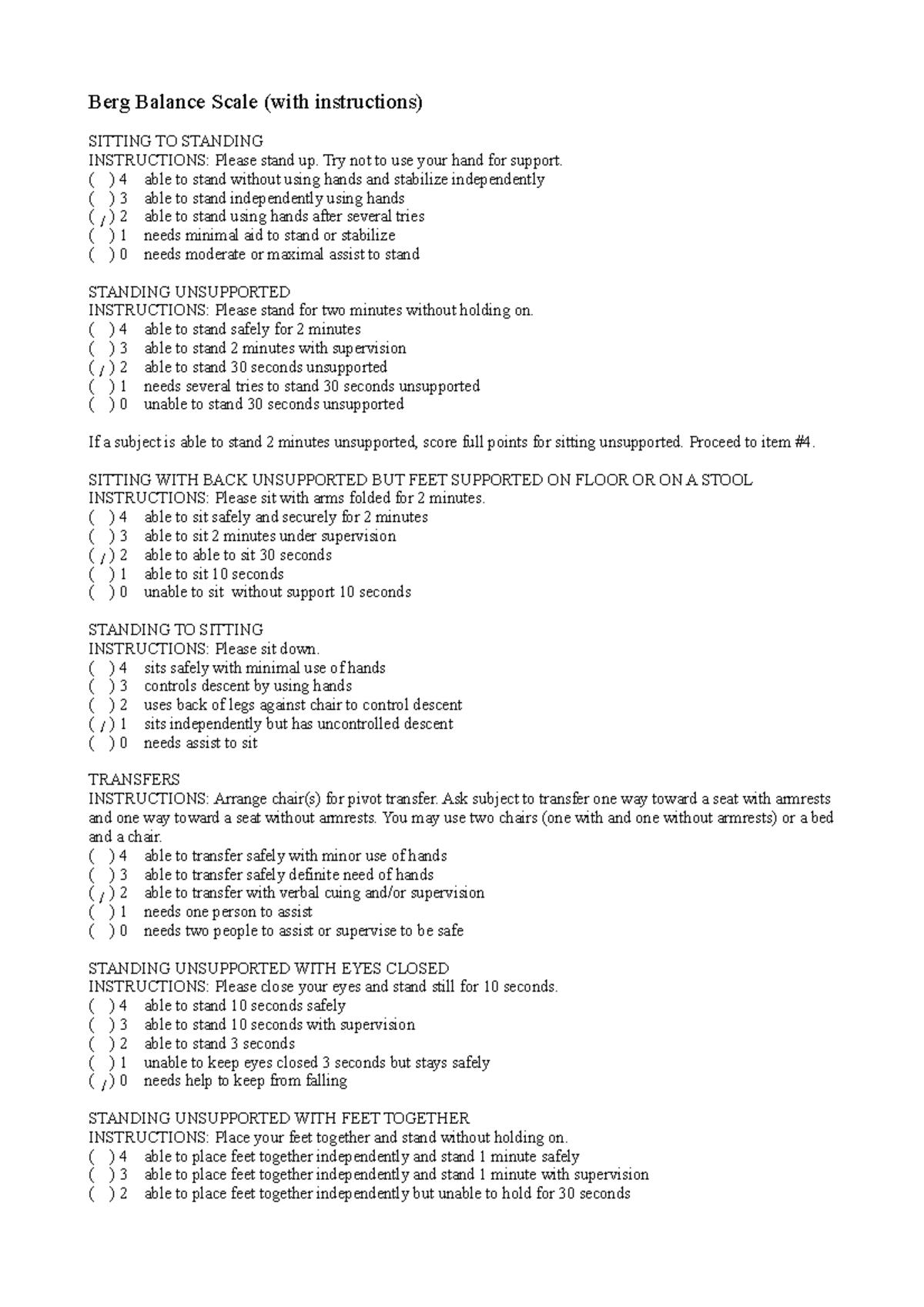 Berg balance - ….. - Berg Balance Scale (with instructions) SITTING TO ...